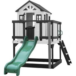 Backyard Discover Spielhaus Sweetwater Heights mit Grün Rutsche, Sandkasten & Veranda Stelzenhaus in Grau und Weiß aus Holz für Kinder Spielturm für