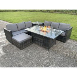 Fimous - Outdoor Rattan Gartenmöbel Gas Feuerstelle Esstisch Sets Gartensofa Lounge Big Foothocker Dunkelgrau Gemischt 7 Sitzer