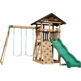 Backyard Discovery Spielturm Lightning Ridge aus Holz XXL-Kinderspielhaus mit Doppelschaukel/Rutsche/Kletterwand/Leiter/Sandkasten/Zubehör inklusive