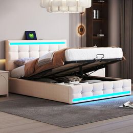 Betten mit Stauraum Polsterbett 140 x 200 mit 2 USB-Ladestationen LED-Bett mit Schubladen Beige - Beige