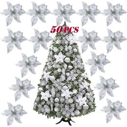 Minkurow - 50 Stück 14 cm Weihnachtsblume Künstliche Silber Leinwand Nicht-Stoff Baum Blume Fehler Blume Dekoration Weihnachtsbaum Tanne Hochzeit