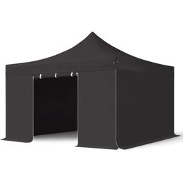 4x4 m Faltpavillon, premium Stahl 40mm, feuersicher, Seitenteile ohne Fenster, schwarz - schwarz