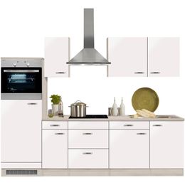Küchenzeile Optifit "Faro" Komplettküchen-Sets Gr. B/T: 270 cm x 60 cm, weiß (küche: glanz, korpus: akaziefarben, arbeitsplatte: akaziefarben) Küchenzeilen ohne Elektrogeräte