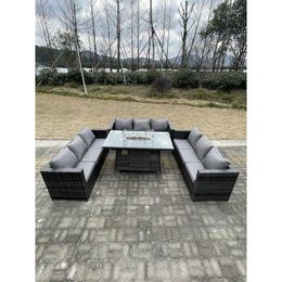 9 Sitzer U Form Outdoor Rattan Gartensofa Set Gartenmöbel Gas Feuerstelle Tisch Set Esstisch Dunkelgrau Gemischt - Fimous