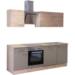 Küchenzeile Flex-Well "Riva" Komplettküchen-Sets Gr. B/T: 220 cm x 60 cm, braun (küche: quarz cubanit, san remo eiche, arbeitsplatte: eichefarben hell) Küchenzeilen mit Elektrogeräte