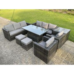 Fimous - 10-Sitzer Outdoor Rattan Lounge Gartenmöbel Set Verstellbare Aufsteigende Beistelltische Kleine Hocker Dunkelgrau Gemischt