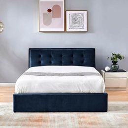 Doppelbett mit Stauraum und Kopfteil mit dunkelblauem Stoff bezogen - Coco