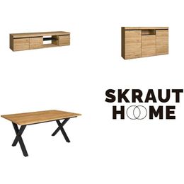 Skraut Home - Wohnzimmermöbel-Set Tisch 170 X-Beine 8 Personen Lowboard 160 Sideboard / Buffetschrank 140 Eiche und Schwarz Industrieller Stil