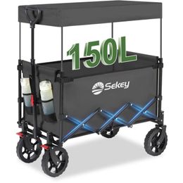 sekey Xxl Bollerwagen Faltbar Kinder 150L 150KG, Faltbarer Bollerwagen mit Dach Klappbarer Handwagen mit Sonnenschutz für Ausflug Strand Camping, Grau