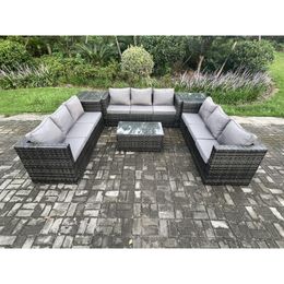 Fimous - 9-Sitzer Lounge Sofa Set Wicker pe Rattan Gartenmöbel Set mit Länglichem Couchtisch 2 Beistelltische Dunkelgrau Gemischt