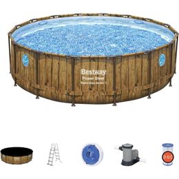 Aufstellpool Bestway Power Steel Holz-Design Ø488x122 cm Kartuschenfilter 5.678 l/h Abdeckung und Leiter