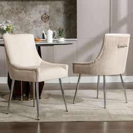 Esszimmerstühle mit Vertikalen Streifen, Gepolsterter Sessel, Esszimmerstuhl mit Metallgriffen und Metallbeinen Beige - 2
