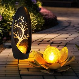 Globo Solarleuchte Lotusblume Außen Garten Dekoleuchten Solar Außenleuchte Solar Blume, Crackle Glas Lichteffekt, 1x Lotusblume 1x Stehlampe, led warmweiß,