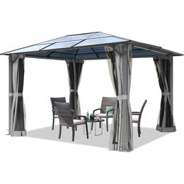 Intent24 - toolport Gartenpavillon 3x3,65 m Polycarbonat Dach ca. 6 mm - Hardtop Pavillon mit 4 Seitenteilen und Moskitonetzen in grau - Grey