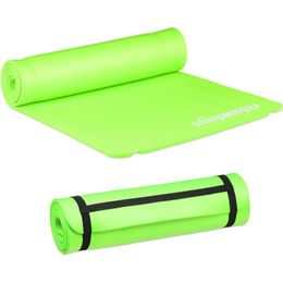 Relaxdays 2 x Yogamatte, 1 cm dick, für Pilates, Fitness, gelenkschonend, mit Tragegurt, Gymnastikmatte 60 x 180 cm, grün