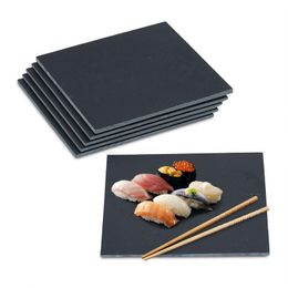 Schieferplatte 6er Set, Servierplatte Quadrat, 25 x 25 cm, zum Servieren von Käse, Sushi, Desserts, schwarz - Relaxdays