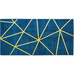 Beliani - Teppich Marineblau Viskose 80x150 cm geometrisches Muster in Gold Kurzflor Rechteckig Baumwoll-Unterseite Glamour Look - Gold