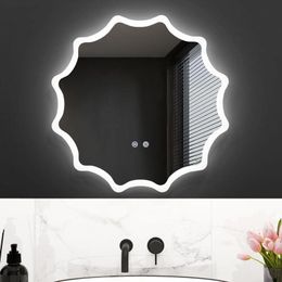 Costway Badspiegel mit Anti-Beschlage Spiegelheizung, Welle-Design LED-Spiegel dimmbar, Badezimmerspiegel 3000K-6500K Wandspiegel 60 x 60 cm