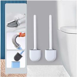 LONGZIMING 2 stücke Silikon-Toilettenbürste und Halter, tiefe Toilettenbürste, Toilettenbürste mit langem, rutschfestem Kunststoffgriff und flexiblen Borsten,