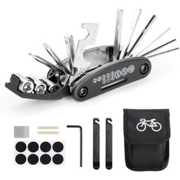 Lycxames - Fahrrad-Multitool, 16-in-1-Werkzeuge für Fahrrad, tragbare Werkzeugtasche mit Kettenwerkzeug und Reifenkorrekturhebel, selbstklebender