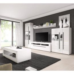 Lomadox Wohnzimmer Anbauwand weiß Hochglanz TURDA-83 moderner Stil mit Absetzungen in schwarz inkl. led Beleuchtung und Couchtisch, b/h/t: ca. 320/204/50 cm