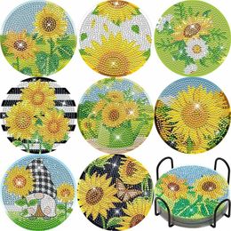 8 Stück 5D Diamond Painting Untersetzer Sonnenblume Diamant Malerei Rund Tassenuntersetzer Untersetzer mit Metallhalter Tisches für Tische Decor