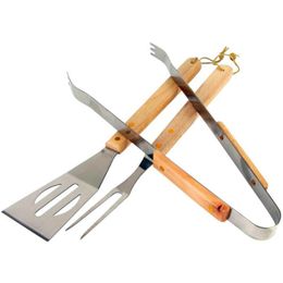 Bbq Grillbesteck 3 tlg. Edelstahl Holzgriff Besteck Grillen Zange Wender Gabel - BURI