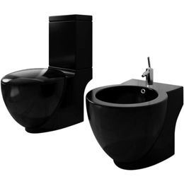 LONGZIMING Stand-WC & Bidet Set Schwarz Keramik