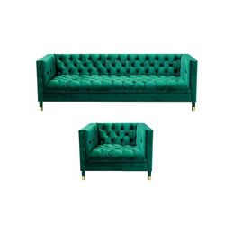 JVmoebel Wohnzimmer-Set Garnitur Sofa Set 2tlg Grün Chesterfield Luxus Modern Polstermöbel