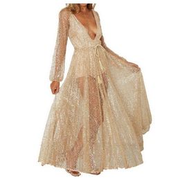 AFAZ New Trading UG Abendkleid Damen Sexy V-Ausschnitt Partykleid Langärmeliges Kleid Maxikleid