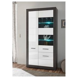 Lomadox Vitrine ETON-61 nschrank in Hochglanz weiß mit Betonoptik dunkel mit LED 100/198/35cm