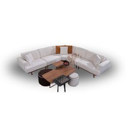 JVmoebel Wohnzimmer-Set Weißes Wohnzimmer 6tlg Designer Polster Ecksofa 2x Hocker Couchtisch