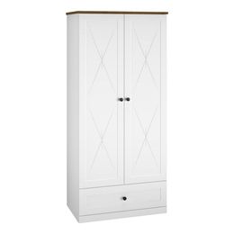 Lomadox Garderobenschrank LEESTON-131 weiß matt mit Lefkas Eiche Nb. im Landhaus Design 92/200/54 cm