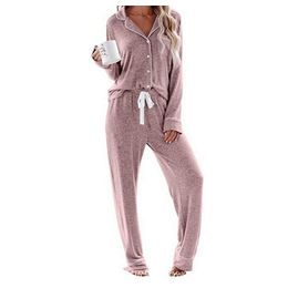 AFAZ New Trading UG Pyjama Schlafanzug Damen Lang PyjamaSets Knopfleiste Zweiteiliger Nachtwäsche