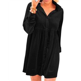 AFAZ New Trading UG Sommerkleid Ein schlichtes einfarbiges Kleid mit langen Ärmeln und Knopfleiste