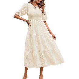 ZWY Dirndl Damen kleid mit Puffärmeln gesmoktem Blumenmuster Spitze Midi-Kleider