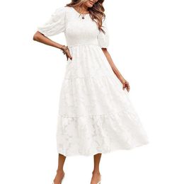 ZWY Dirndl Damen kleid mit Puffärmeln gesmoktem Blumenmuster Spitze Midi-Kleider