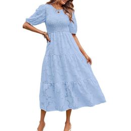 ZWY Dirndl Damen kleid mit Puffärmeln gesmoktem Blumenmuster Spitze Midi-Kleider