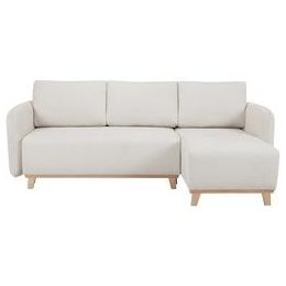 Miliboo Schlaf-Ecksofa modulierbar beiger Stoff mit Velours-Effekt und helles Holz 3-4 Sitzer ROMANE