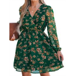 AFAZ New Trading UG Sommerkleid Damen Kleid V Ausschnitt Wickeloptik Transparente Lange Ärmel Blumenmuster Freizeitkleider Wrap Mini Dress