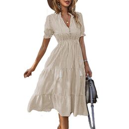 ZWY A-Linien-Kleid Damen Midi-Kleider Sommer mit Rüschen und Puffärmeln V-Ausschnitt Lässig