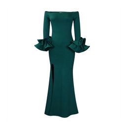 AFAZ New Trading UG Abendkleid Bankett-Abendkleid für Damen mit U-Boot-Ausschnitt und Rüschenärmeln Einschultriges Damen-Abendkleid mit langen Ärmeln und breitem Schlitz