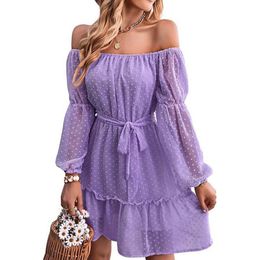 KIKI 2-in-1-Kleid Kleid Damen Elegant Langarm Off Shoulder Einfarbig Luftig Sommerkleid