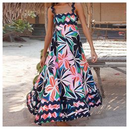 RUZU UG Strandkleid Damen Mode Sommerkleid Bedrucktes langes Strapskleid Kleid ohne Ärmel