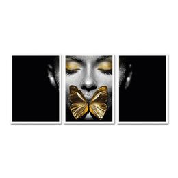 Bild mit Rahmen LEONIQUE "Gesicht Schmetterling Gold - Gerahmter Digitaldruck Wandbild" Bilder Gr. B/H: 30 cm x 40 cm, Wandbild-Set Hochformat, goldfarben (gold) Bilder mit Rahmen