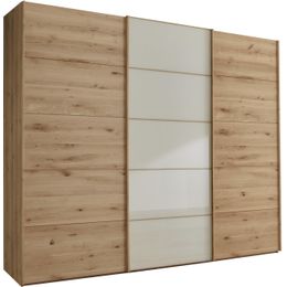 Schwebetürenschrank Wiemann "Cardiff" Schränke Gr. B/H/T: 246,3 cm x 236 cm x 67 cm, Mittelpartie Glas champagner, 3 St., braun (bianco, eiche, nachbildung) Schwebetürenschränke und Schiebetürenschränke