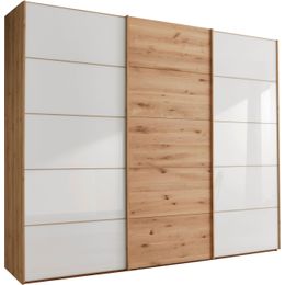 Schwebetürenschrank Wiemann "Cardiff" Schränke Gr. B/H/T: 295,2 cm x 217 cm x 67 cm, Außenpartien Glas weiß, 3 St., braun (bianco, eiche, nachbildung) Schwebetürenschränke und Schiebetürenschränke