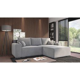 Ecksofa Lora - Ecksofa mit Schlaffunktion & Bettkasten - Ottomane rechts freistehend - Eckcouch, Sofa L-Form - Samtstoff (Hellgrau - Amor Velvet