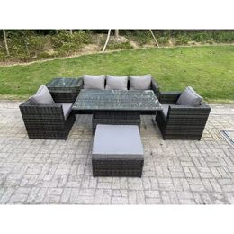 Outdoor Rattan Gartenmöbel Sofa Set Einstellbarer aufsteigender Esstisch Set mit Beistelltisch 2 Sessel Großer Fußhocker Dunkelgrau gemischt - Fimous