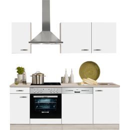 Küchenzeile Optifit "Faro" Komplettküchen-Sets Gr. B/T: 210 cm x 60 cm, weiß (küche: glanz, korpus: akaziefarben, arbeitsplatte: akaziefarben) Küchenzeilen mit Elektrogeräte